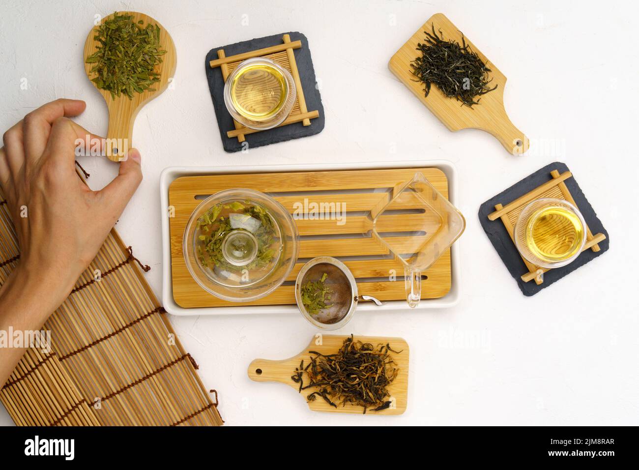 Green tea tea ceremony early in the morning. View from above. Organic ...