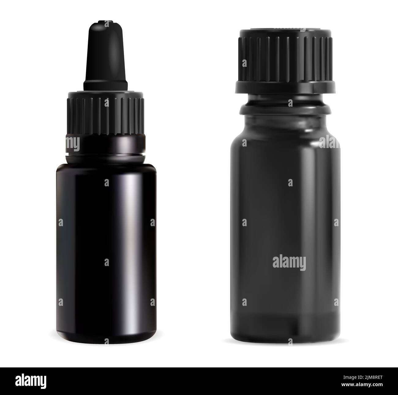 Essential oil bottle set. Black glass dropper vial isolated on white ...