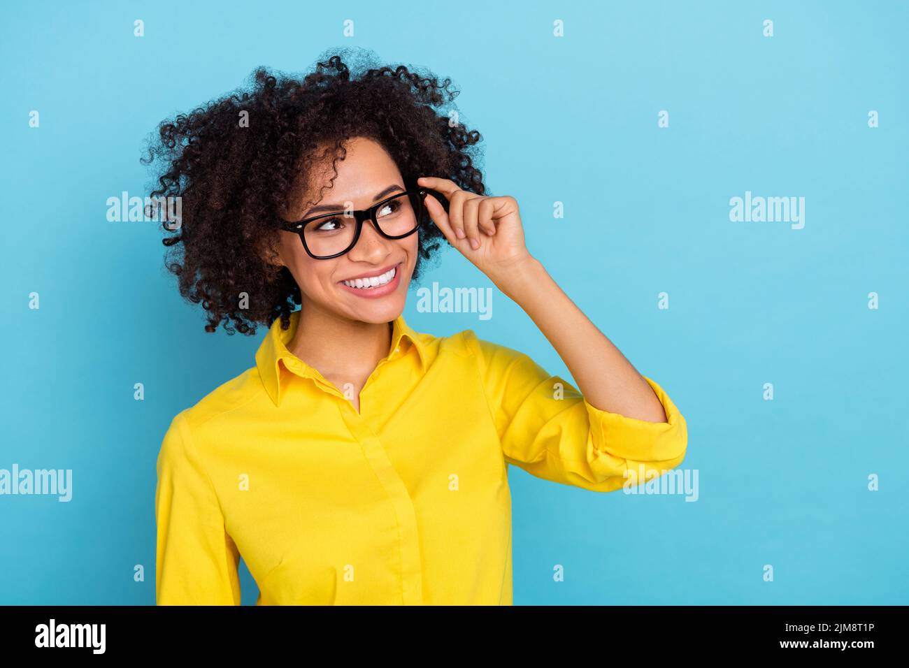 Photo of lovely wavy hairdo millennial lady look promo wear yellow ...