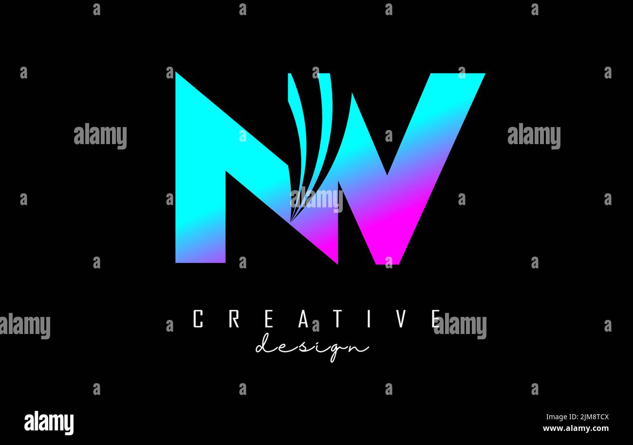 Creative colorful letter NV n v logo with leading lines and road ...