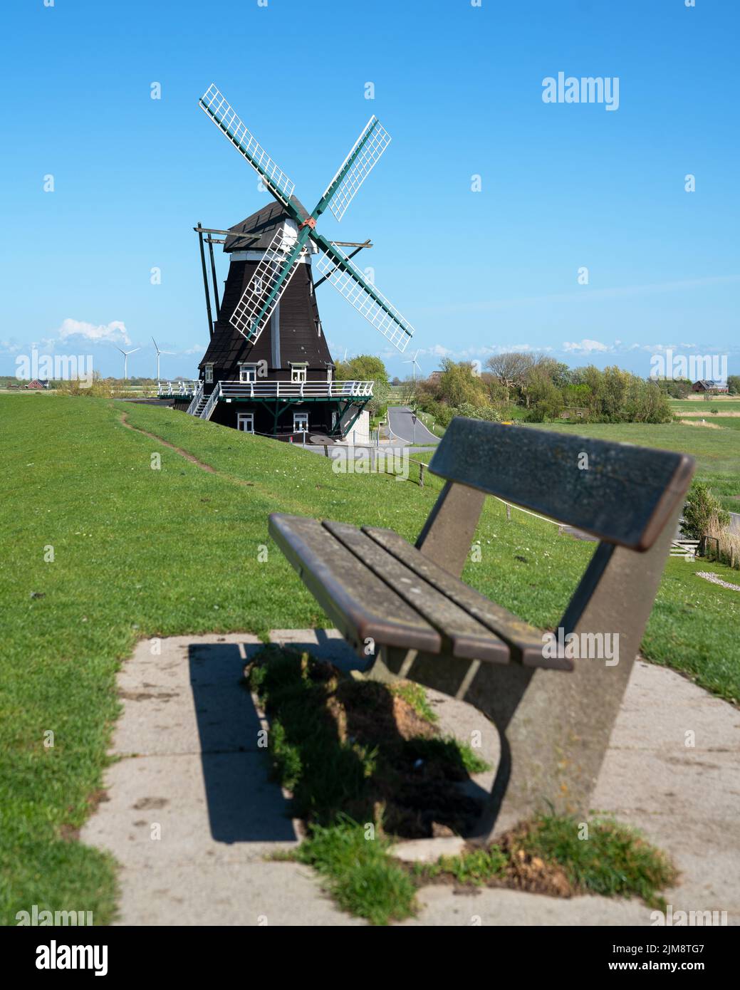 Panoramic image of the windmill of Pellworm against blue sky, North ...