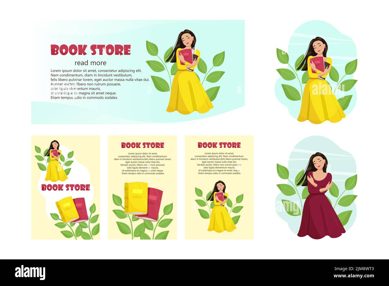 Girl with books in hands, read more concept. Banner for bookstore set ...