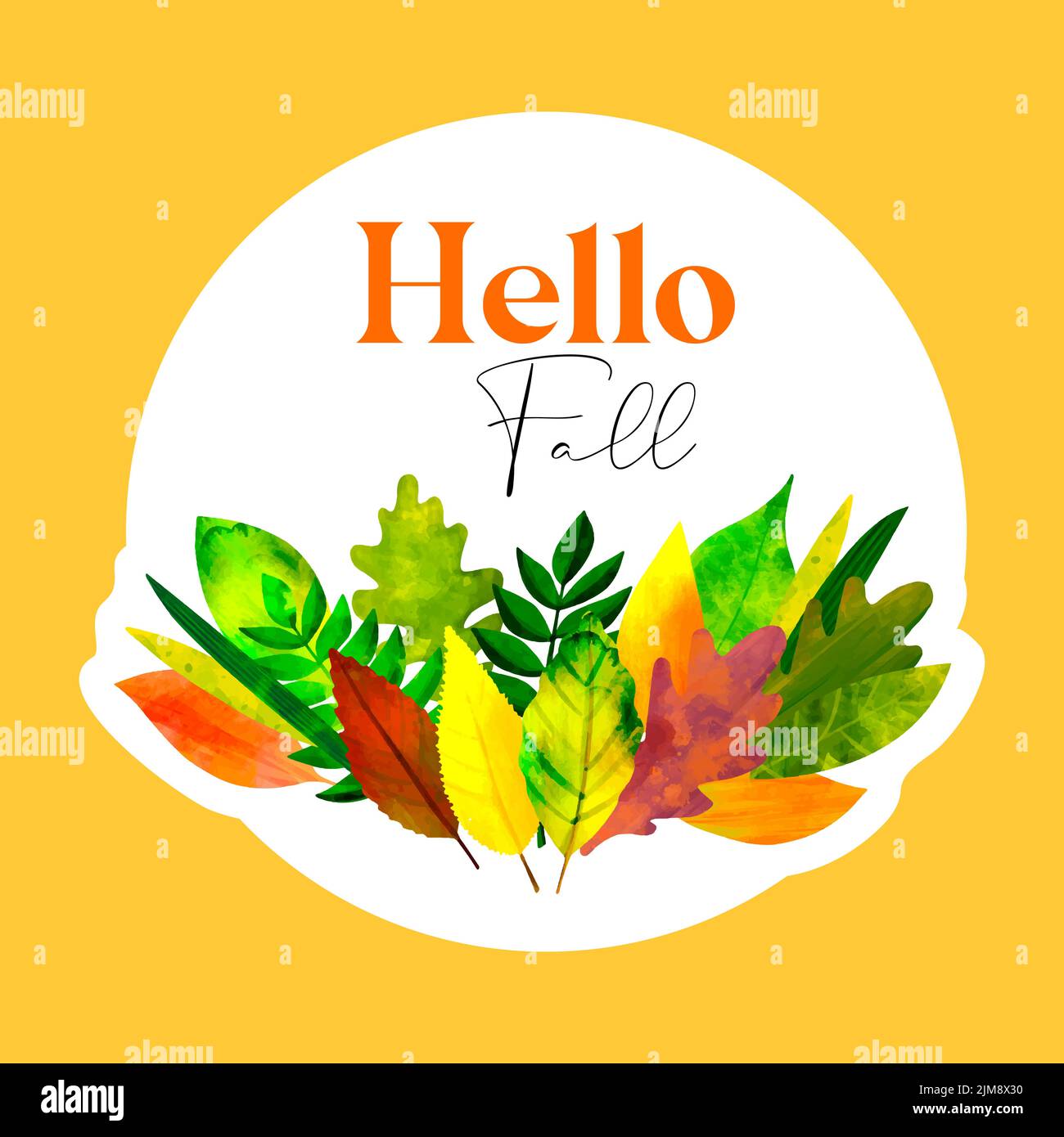 Sticker with autumn leaves illustration and text Hello Fall Stock ...