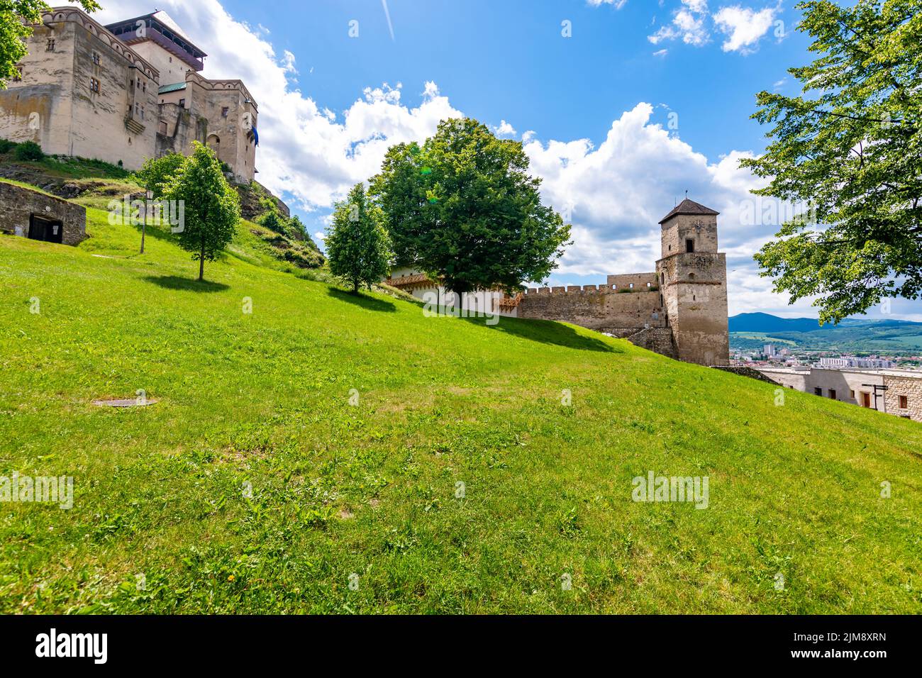 Ancient castle Trencin, Slovakia. Old fort on the hill, big walls and ...