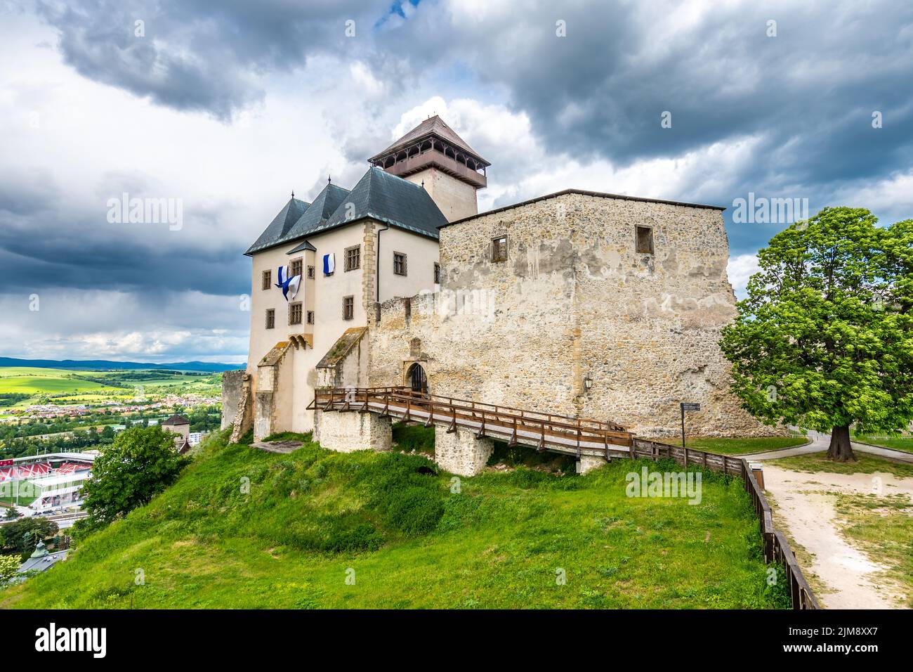 Ancient castle Trencin, Slovakia. Old fort on the hill, big walls and ...