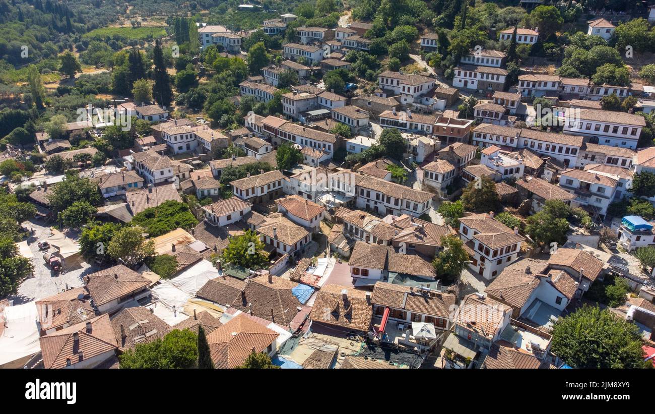 View of the old Sirince houses on the mountain slope. sirince is an old ...