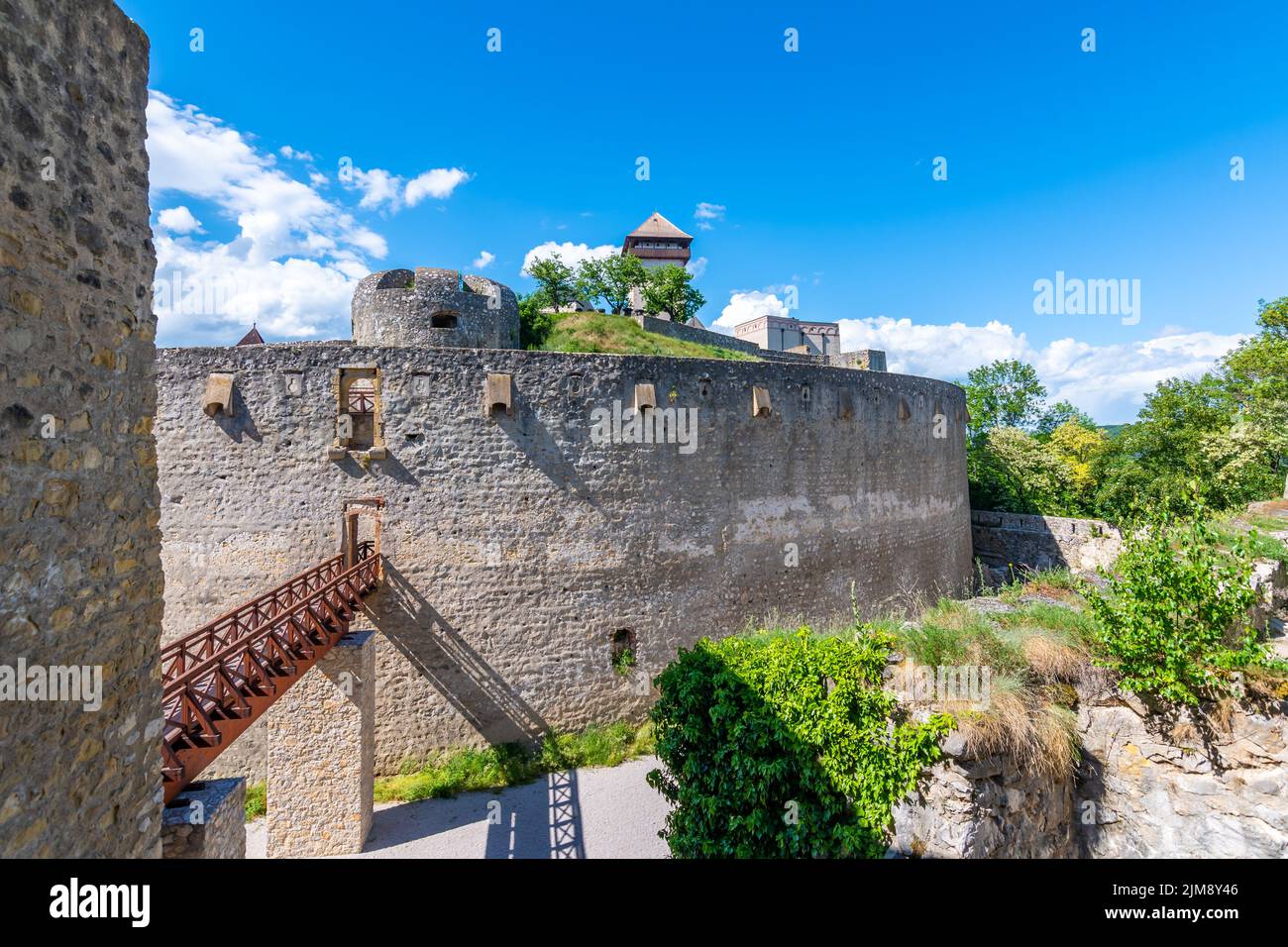 Ancient castle Trencin, Slovakia. Old fort on the hill, big walls and ...