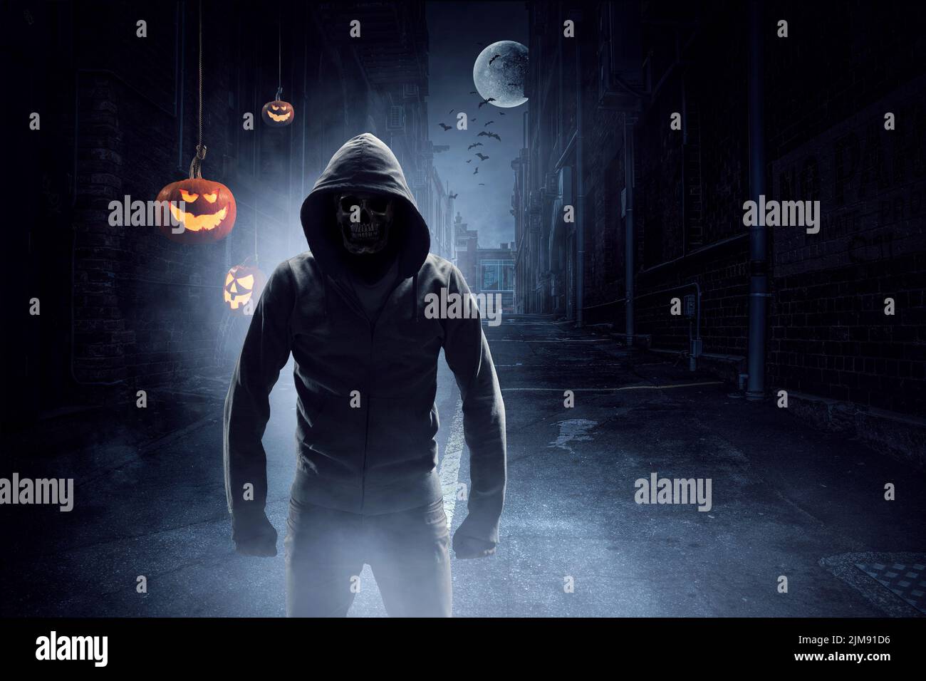 Scary and creepy male monster with gouged eyes looking like a skull ...