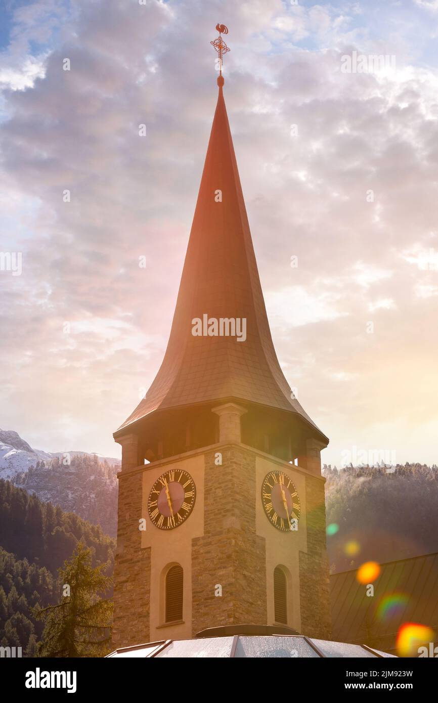 Zermatt, Switzerland St. Mauritius Church tower in famous swiss ski ...