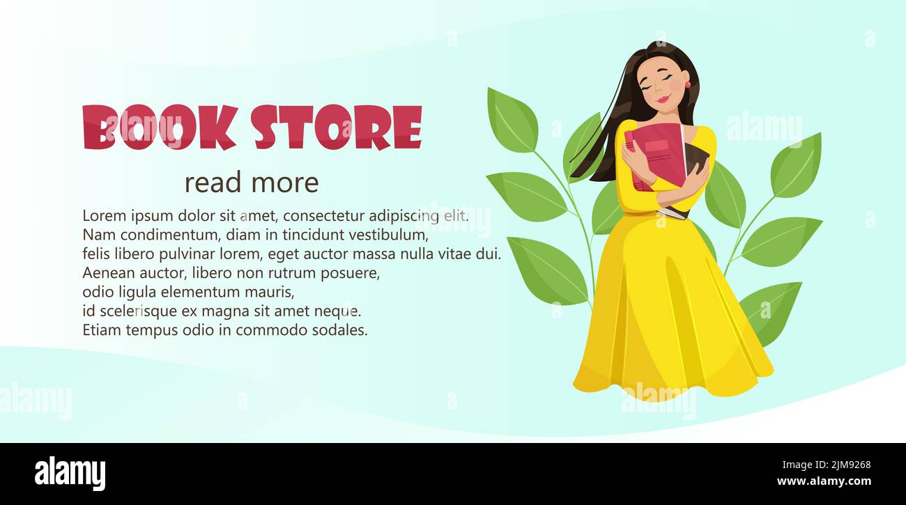 Happy girl holding books in hands banner for bookstore. Vector ...