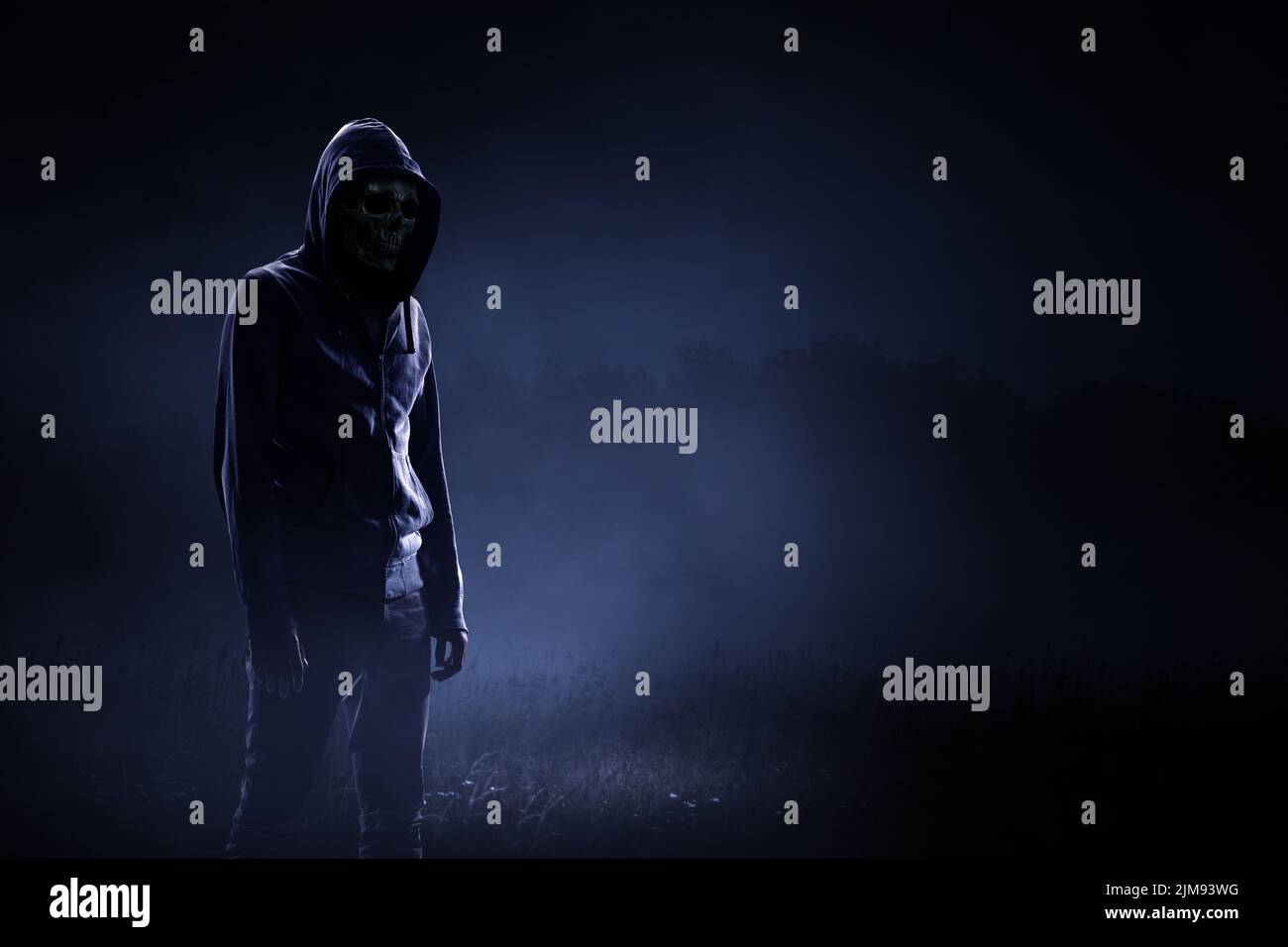 Scary and creepy male monster with gouged eyes looking like a skull ...