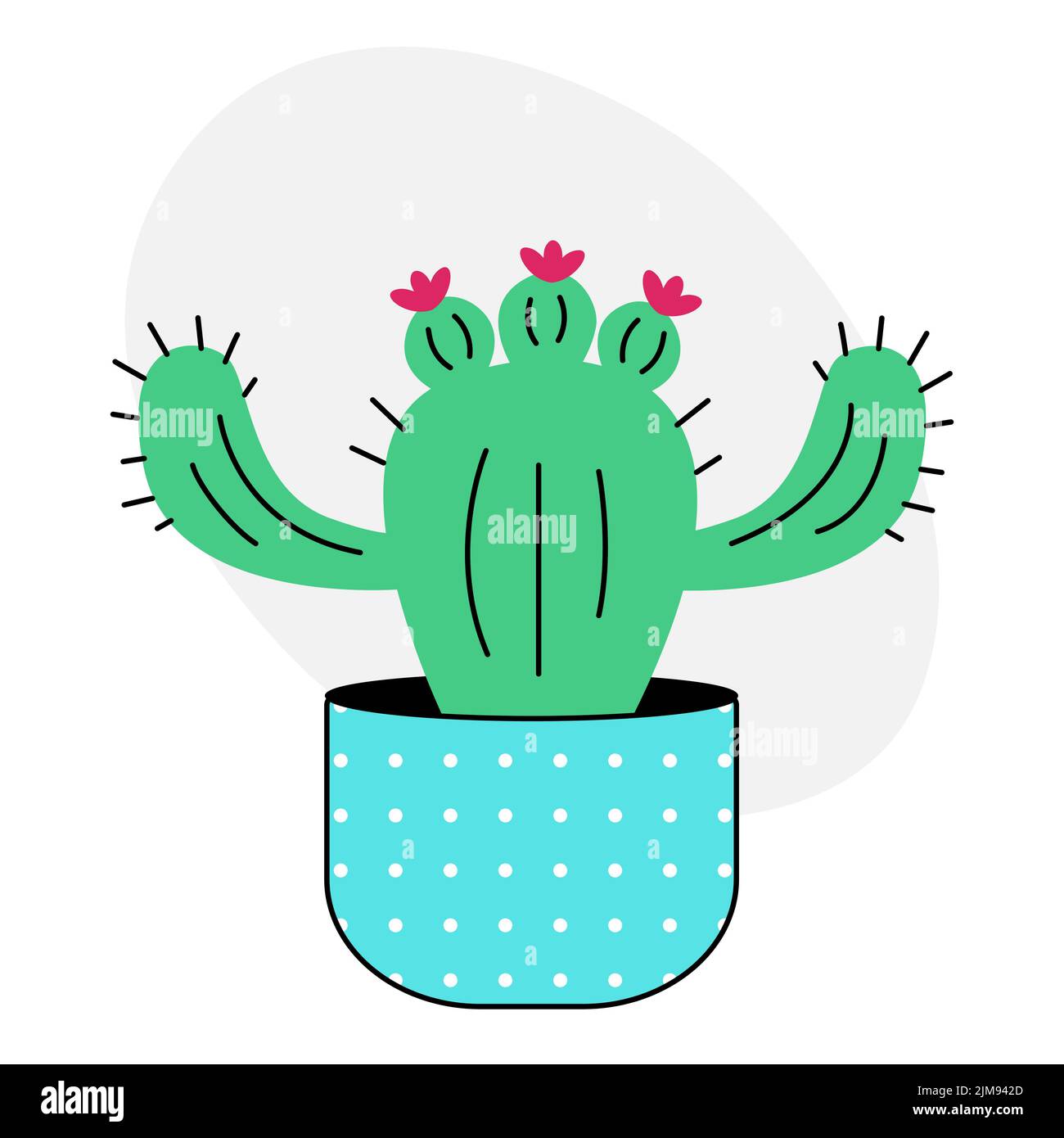 Cute cactus doodle. Cartoon cactus with flowers in a blue polka dot pot ...