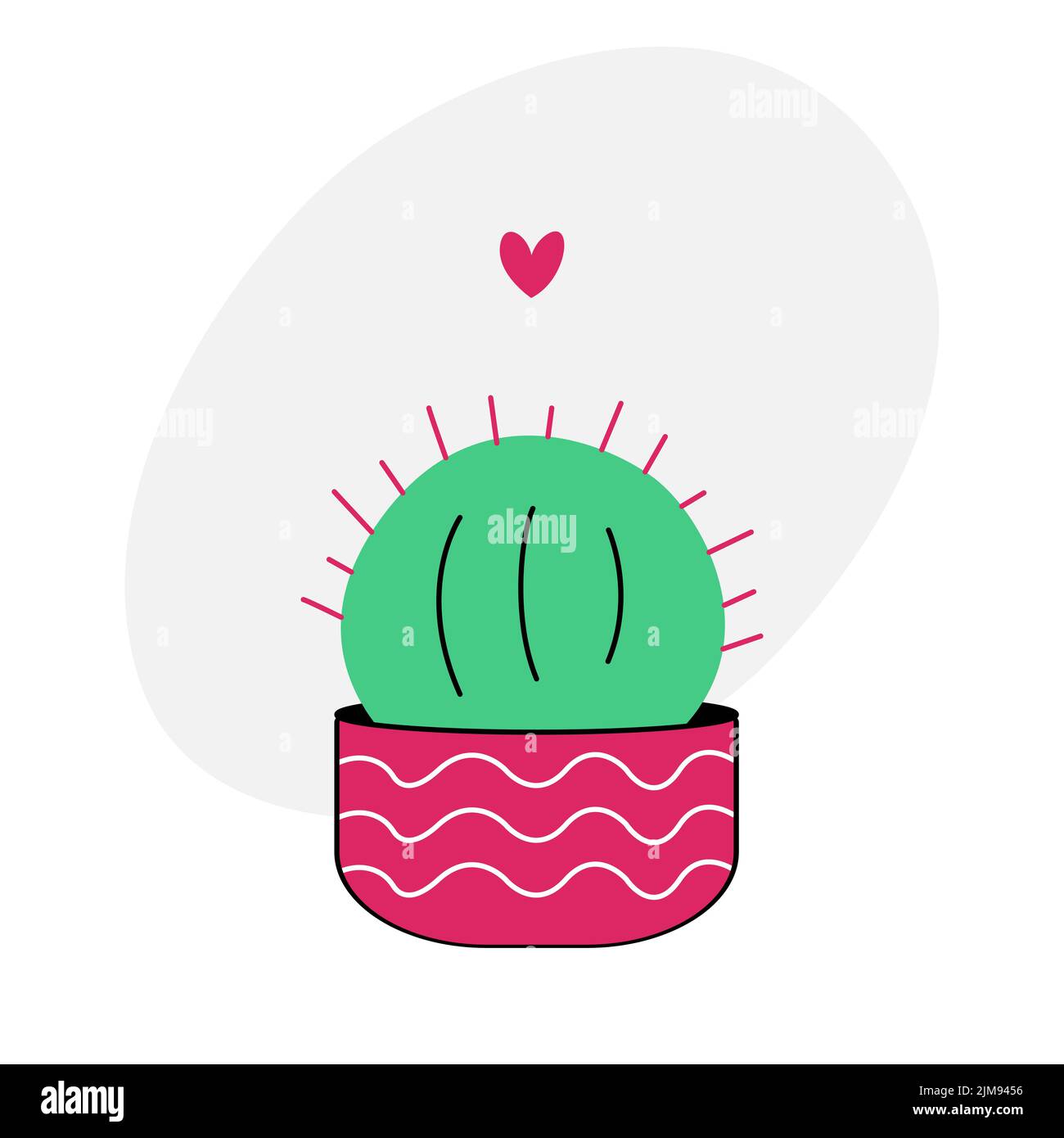 Cute cactus doodle. Cartoon round cactus in a pink pot on a white ...