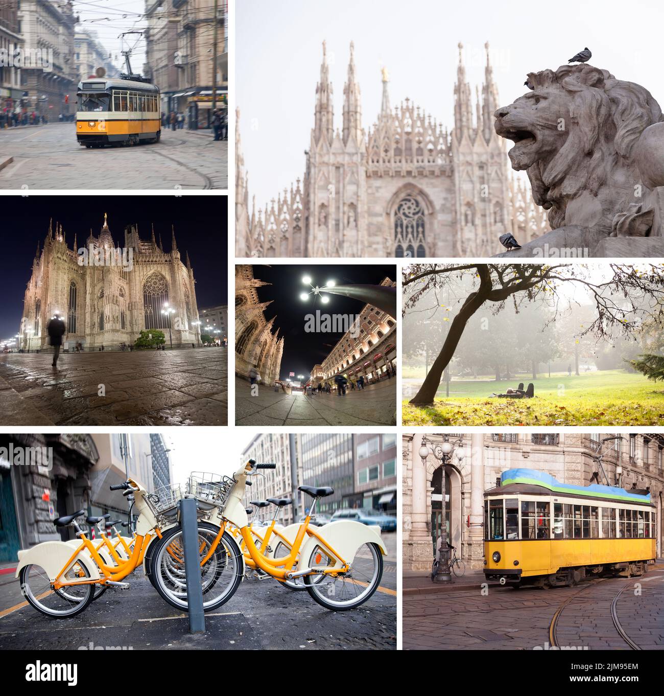 Milano streets with cathedral, vintage tram, bicycles Stock Photo - Alamy