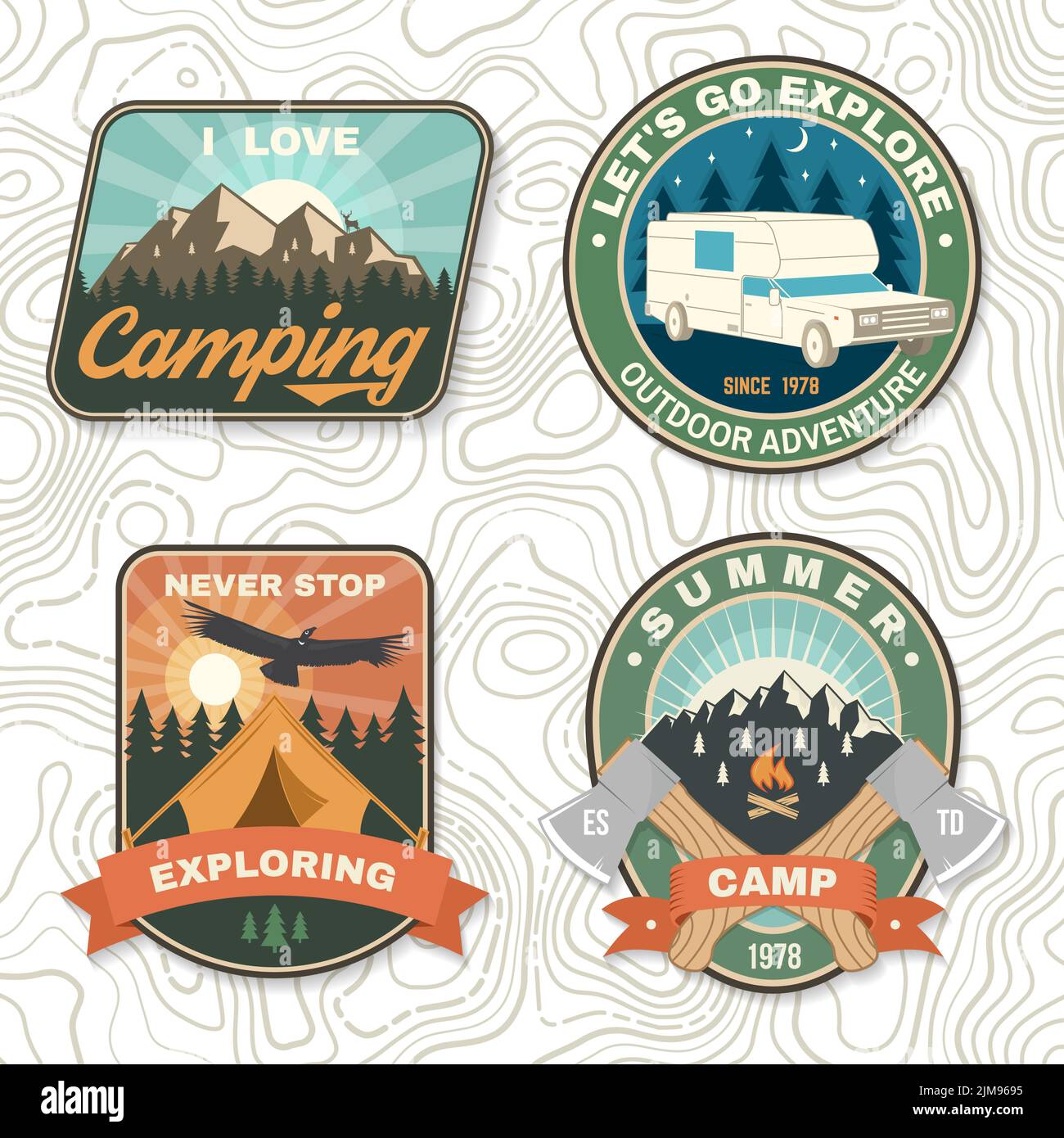 Set of camping Logo Patches. Vector illustration. Concept for shirt or ...
