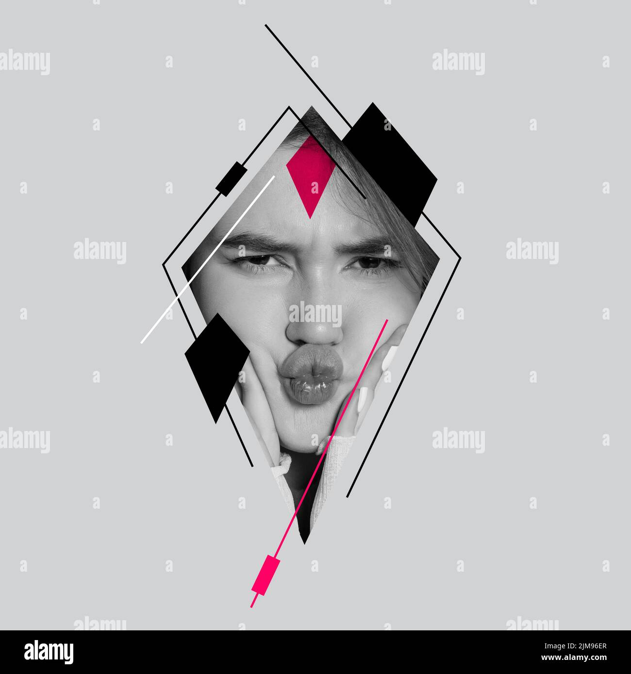 Young woman's face over gray background. Poster graphics. Ideas ...