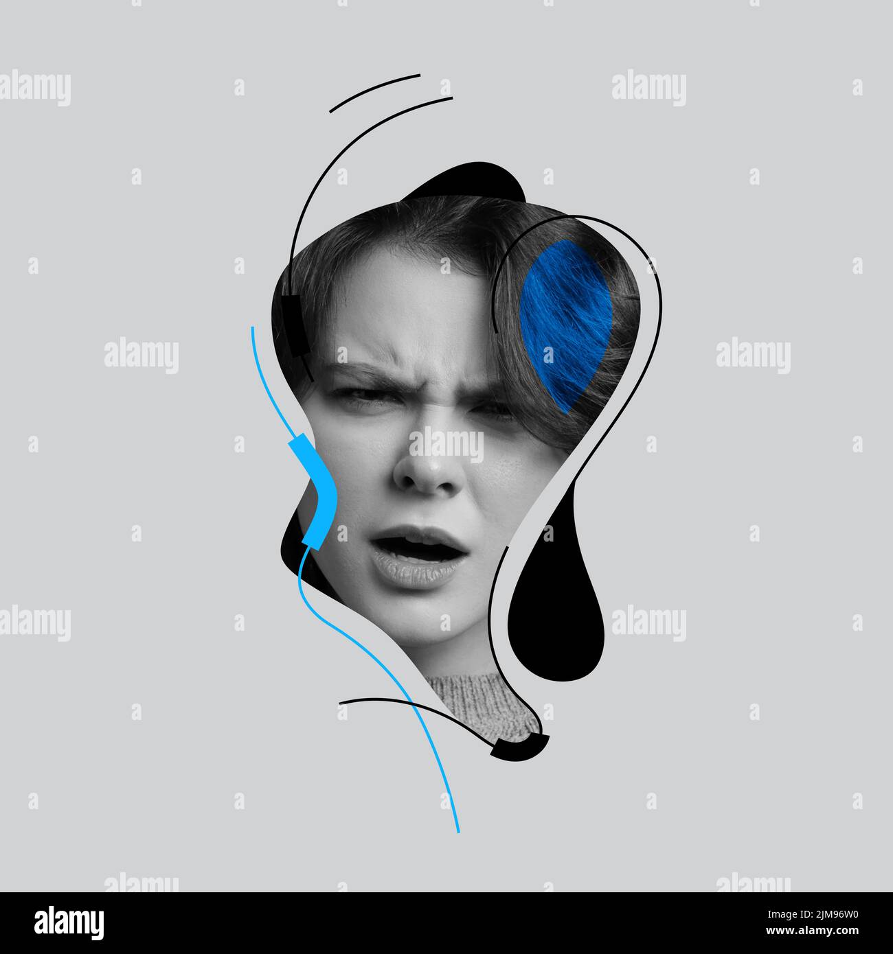 Young woman's face over gray background. Poster graphics. Ideas ...
