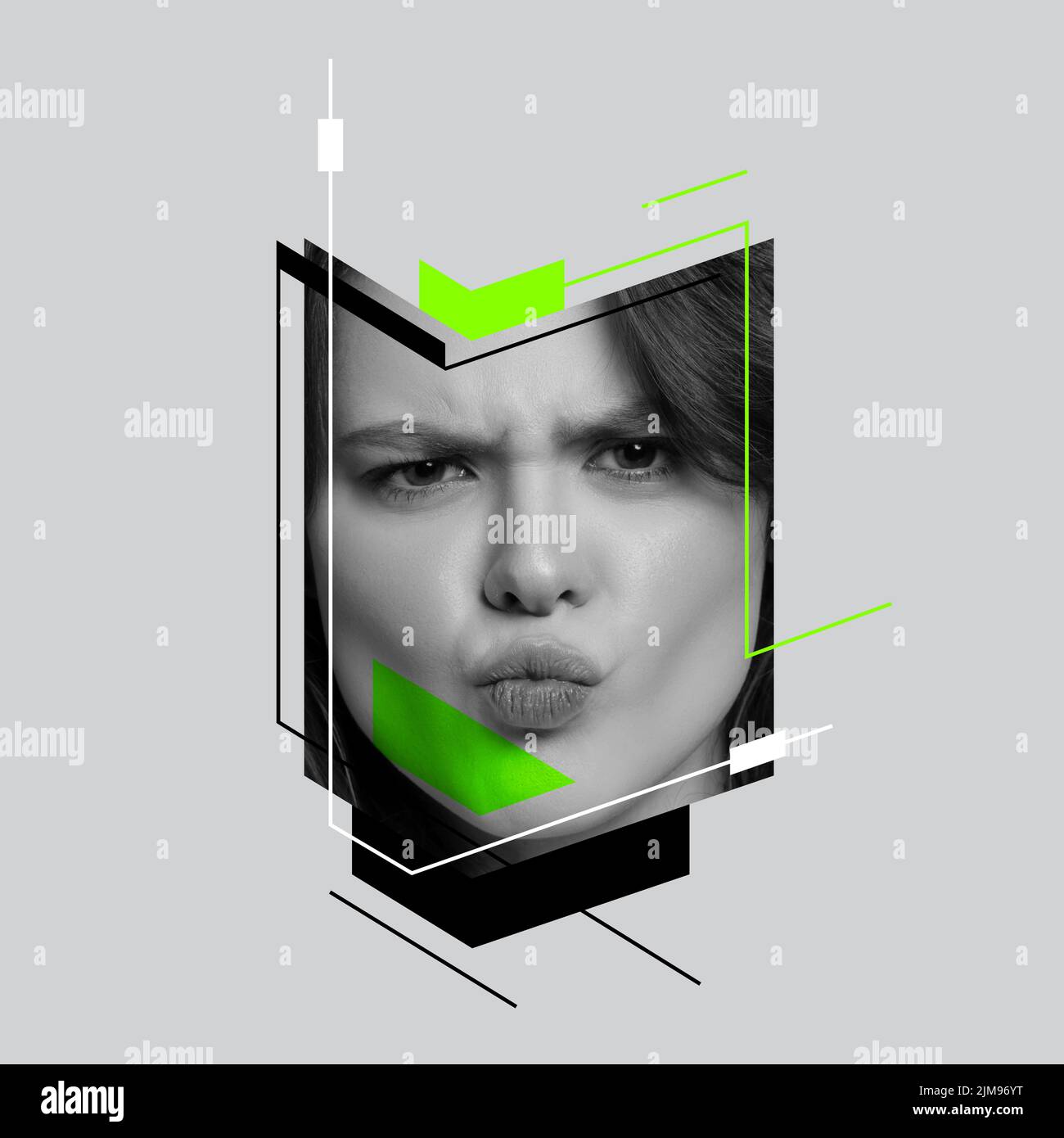 Young woman's face over gray background. Poster graphics. Ideas ...