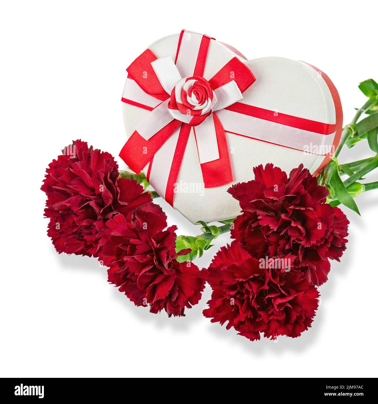 Gift Box in Shape of Heart and Bouquet from Carnations Stock Photo - Alamy