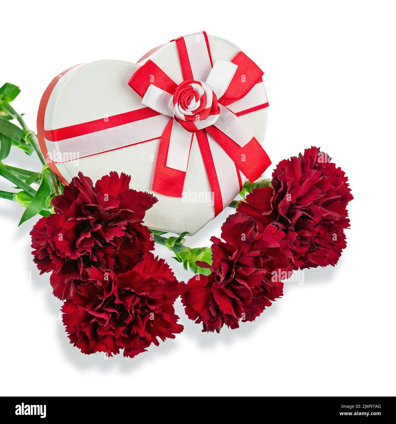 Gift Box in Shape of Heart and Bouquet from Carnations Stock Photo - Alamy