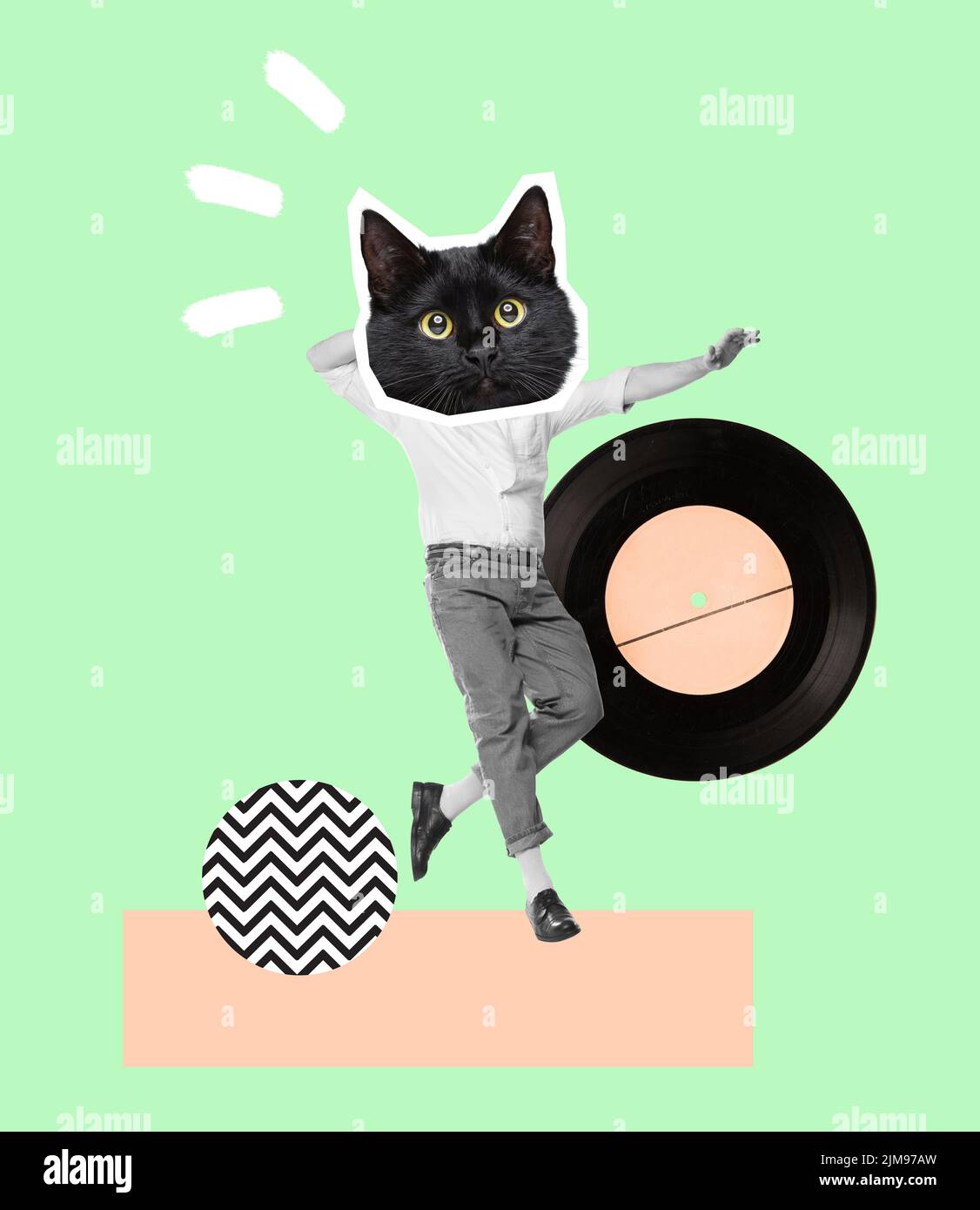Contemporary art collage. Man with black cat muzzle head cheerfully ...
