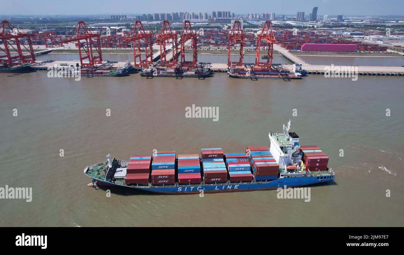 TAICANG, CHINA - AUGUST 5, 2022 - A cargo ship loaded with containers ...