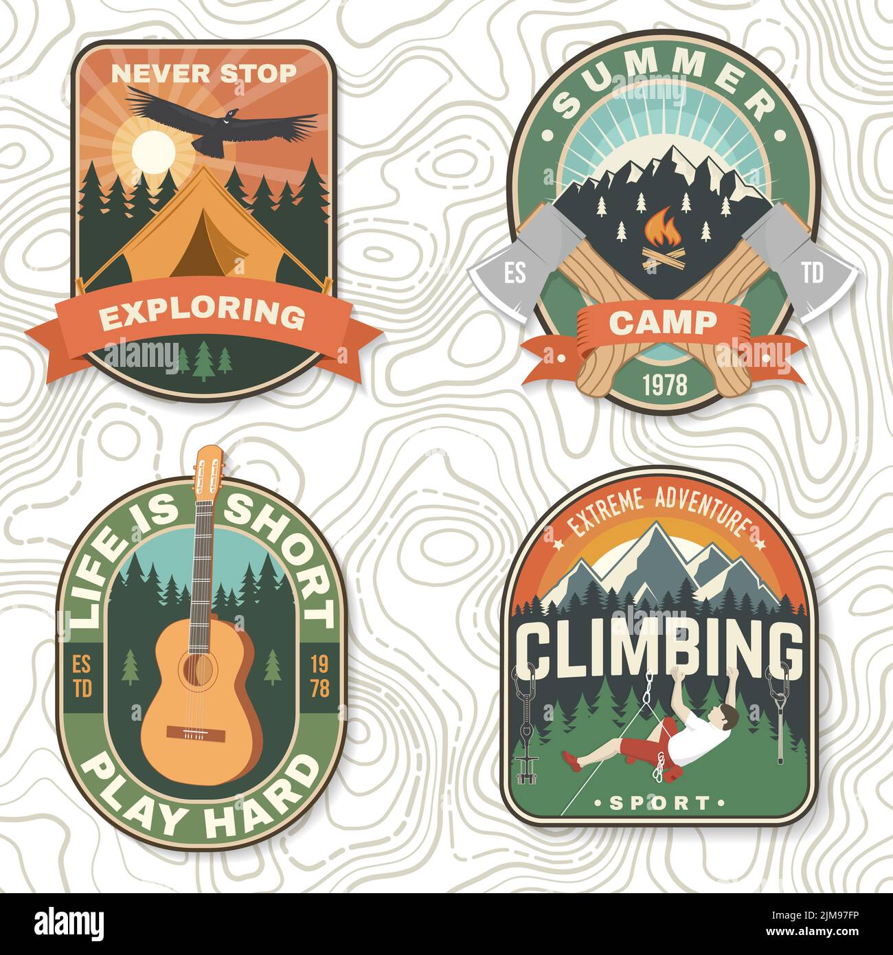 Set of camping Logo Patches. Vector illustration. Concept for shirt or ...