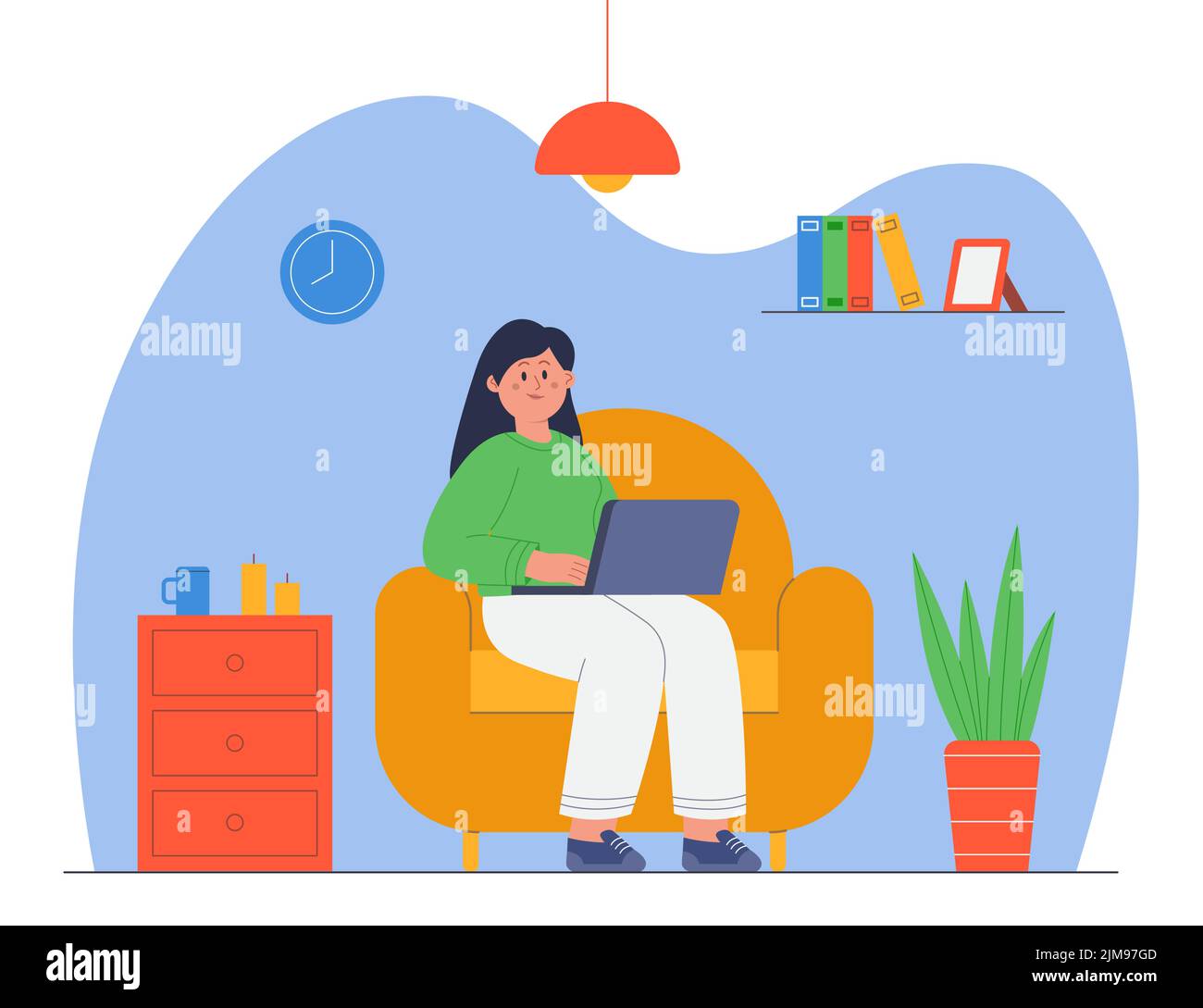 Cartoon businesswoman working from cozy home office. Young woman with ...