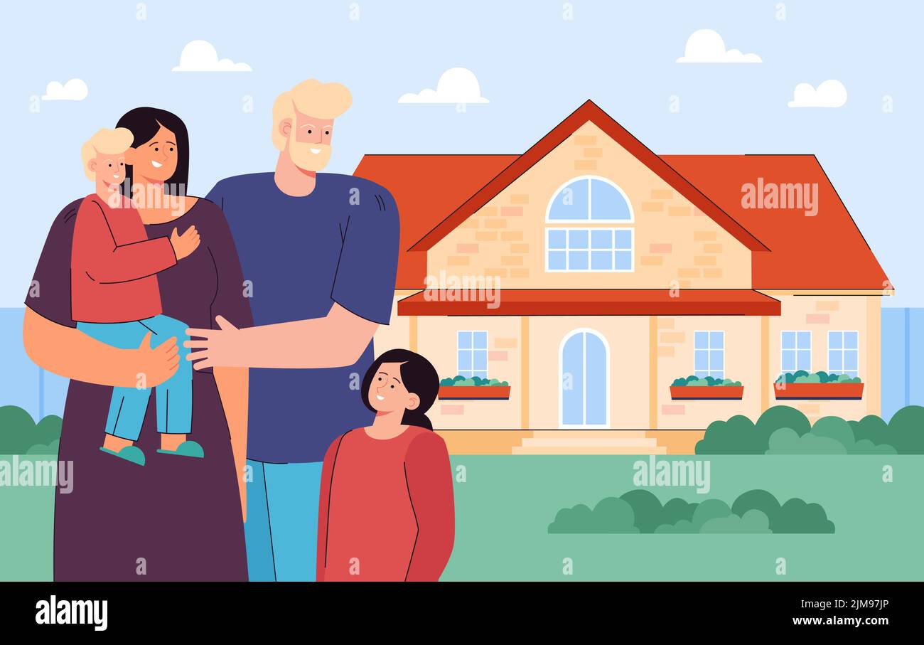 Cartoon mother and father with children in front of house. Picture of ...