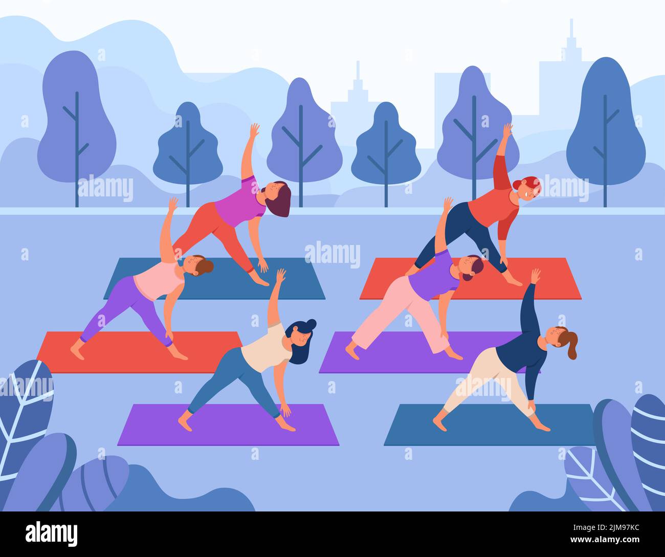 Cartoon women doing yoga exercises in city park. Girls training outside ...