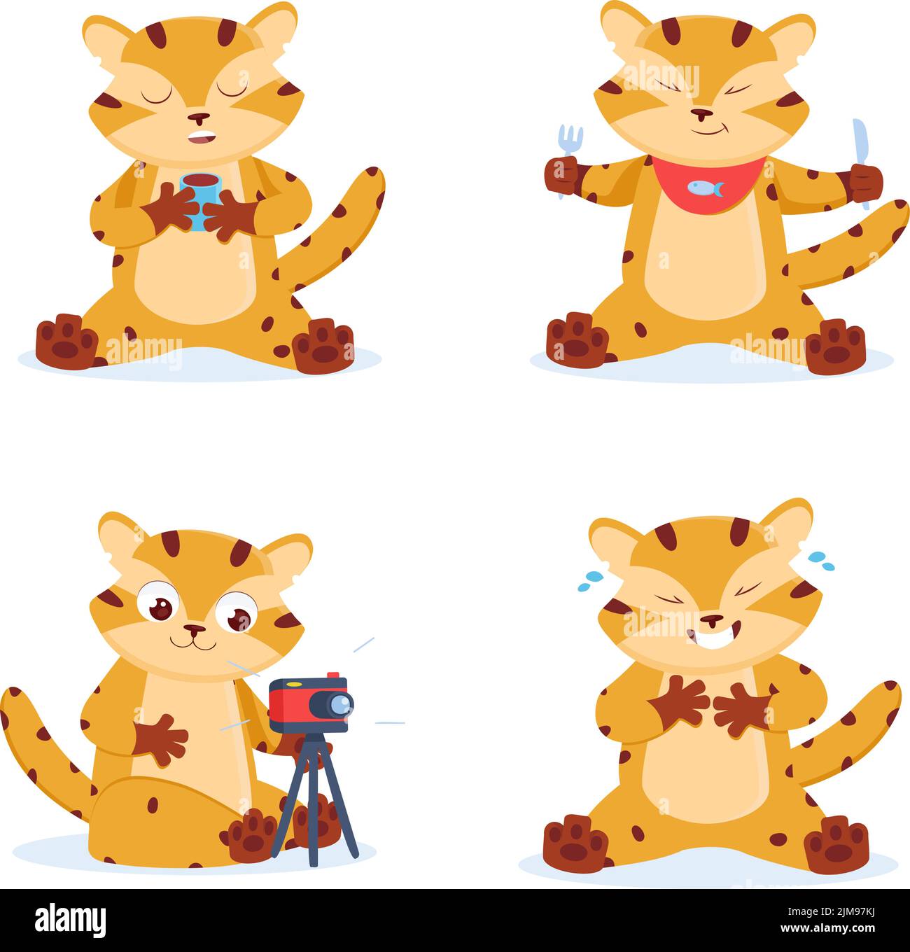 Collection of cute hand-drawn cheetahs drinking coffee, eating, taking ...