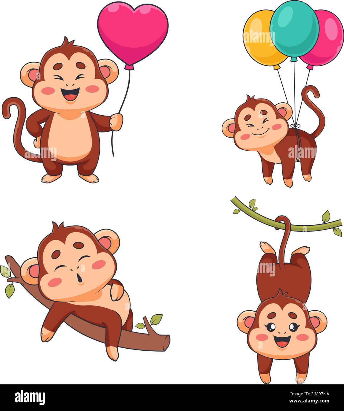 Collection of funny hand-drawn little monkeys with balloons and on tree ...