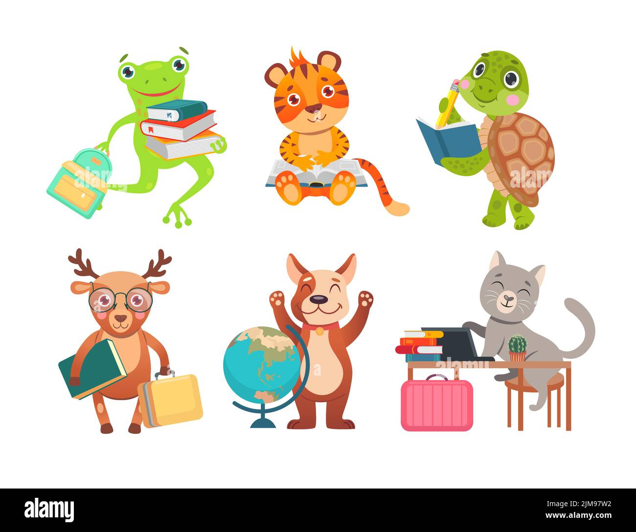 Cute animals characters studying cartoon illustration set. Clever cat ...