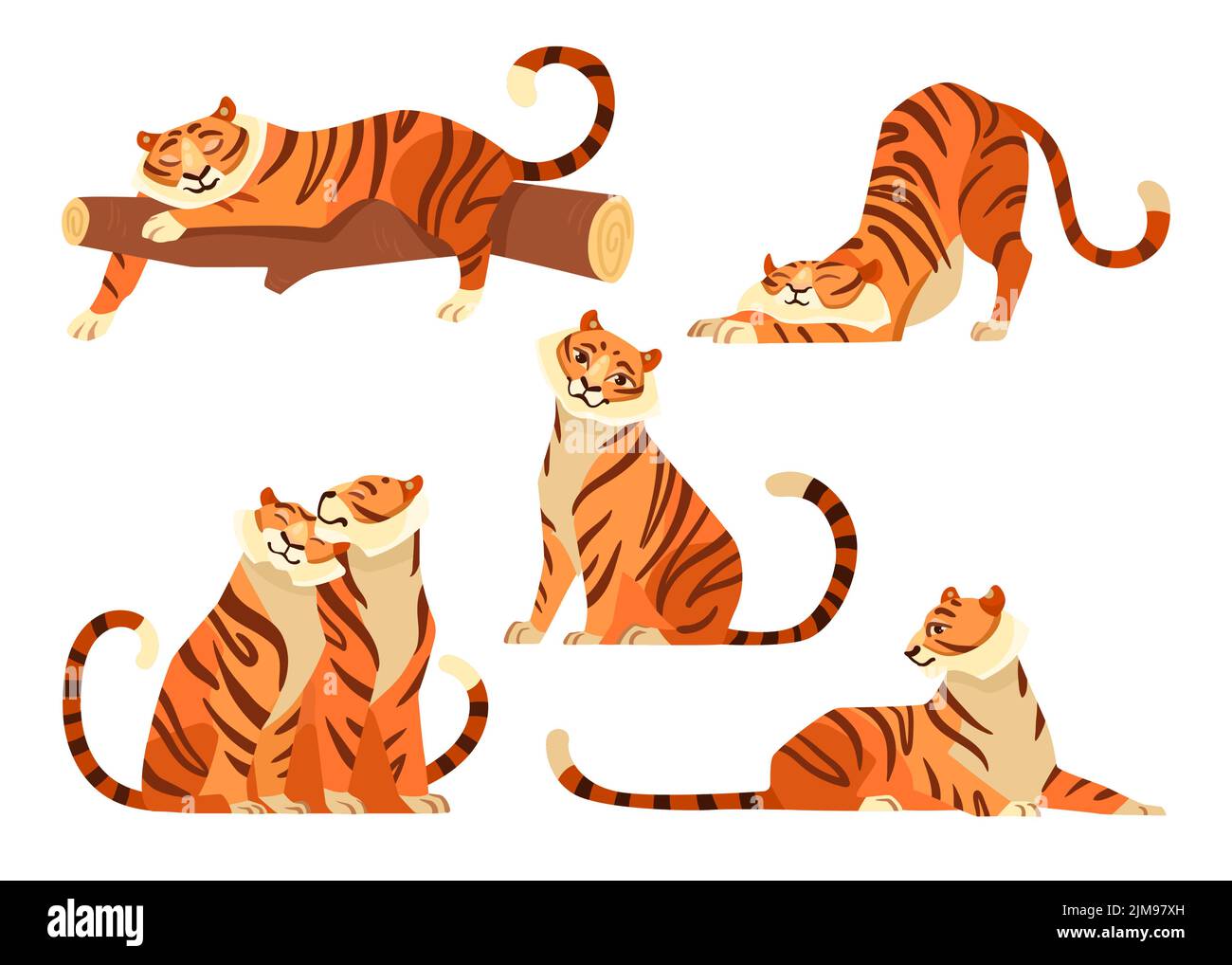 Cute tigers in different poses cartoon illustration set. African tiger ...