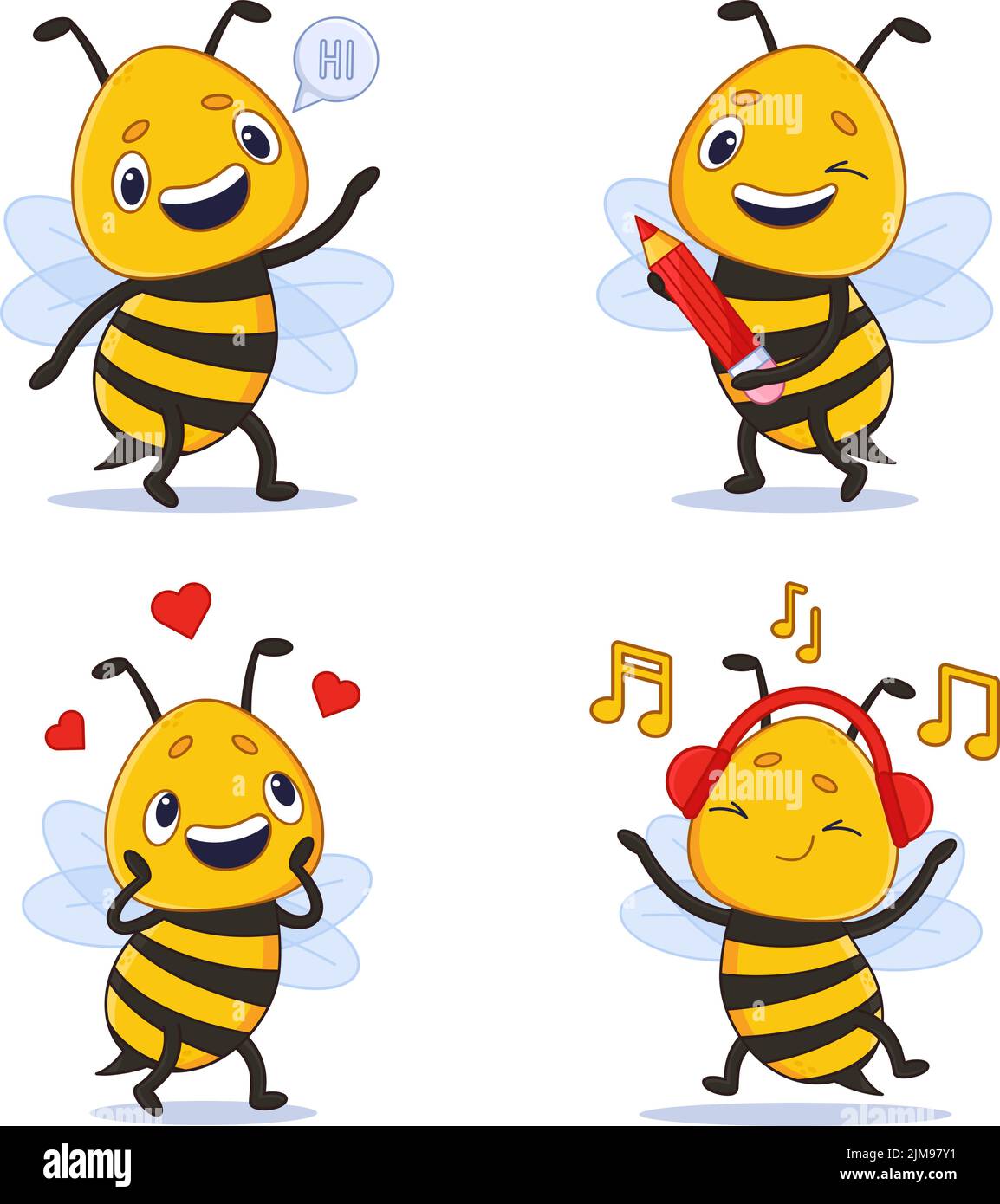 Cute cartoon bee characters listening to music on headphones, saying hi ...