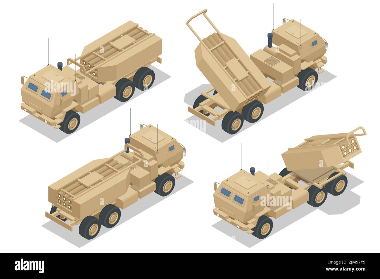 Isometric rocket salvo fire system on a wheeled landing gear. Rocket ...