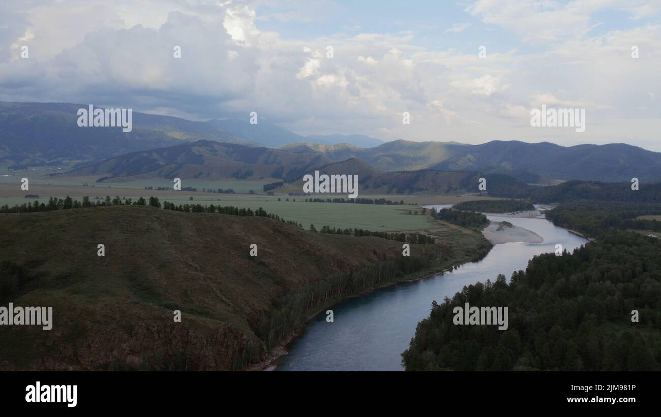 Majestic river Katun in valley of Altai under dramatic sky, Siberia ...