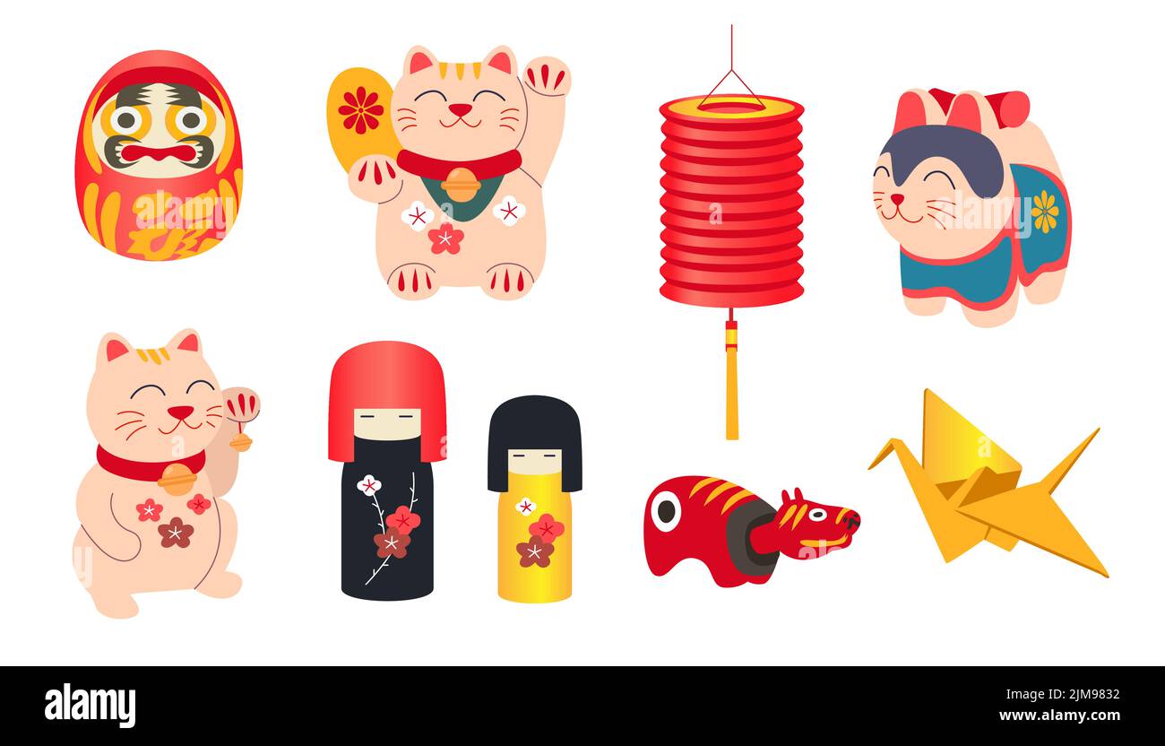 Different Japanese national toys vector illustrations set. Collection of drawings of lucky ...