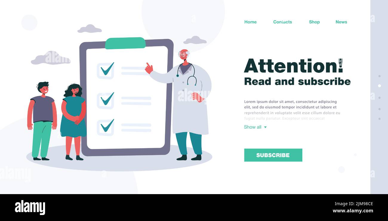 Elderly doctor and kids next to list of recommendations. Medical ...