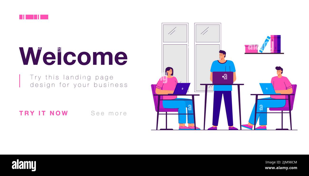 Employees sitting and standing at computer desks in office. Cartoon men ...