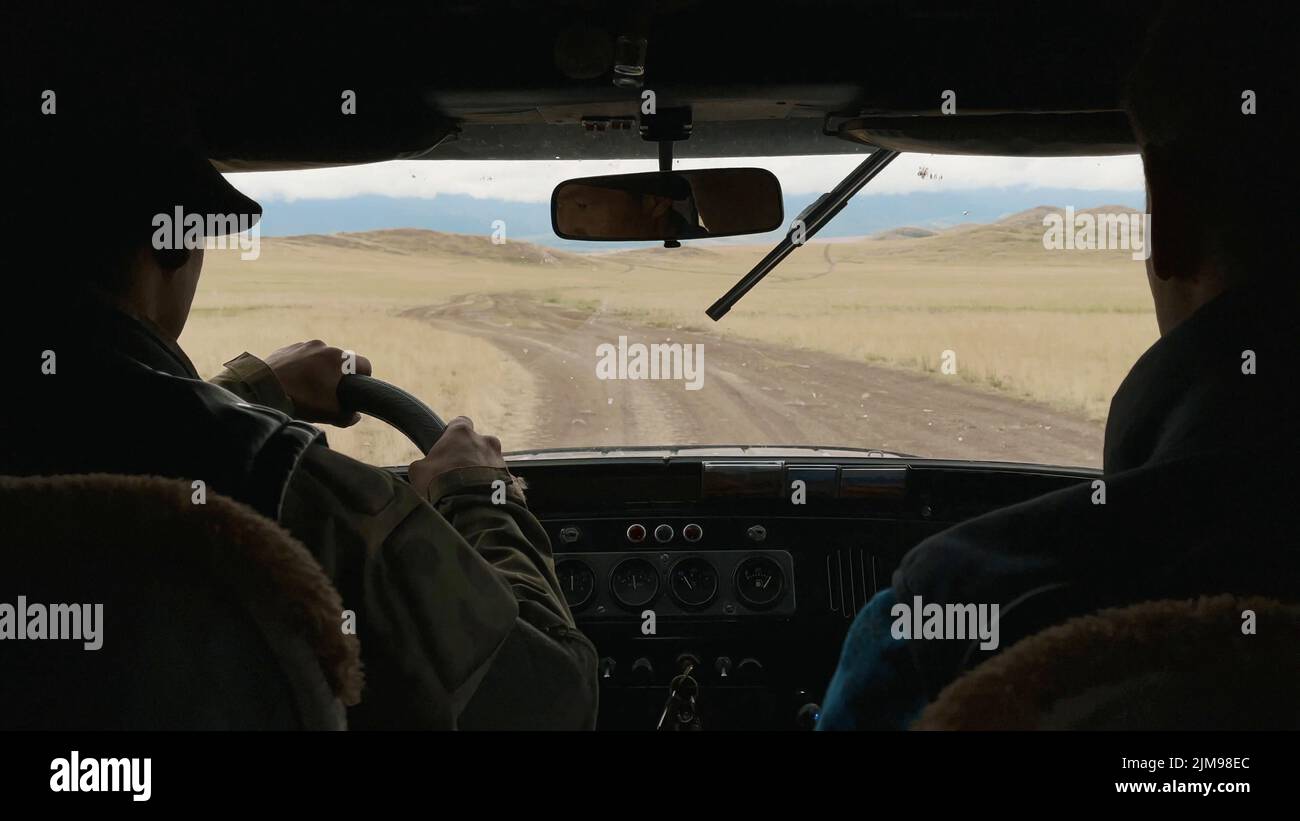 Looking through window of car to valley of Altai, Siberia, Russia ...