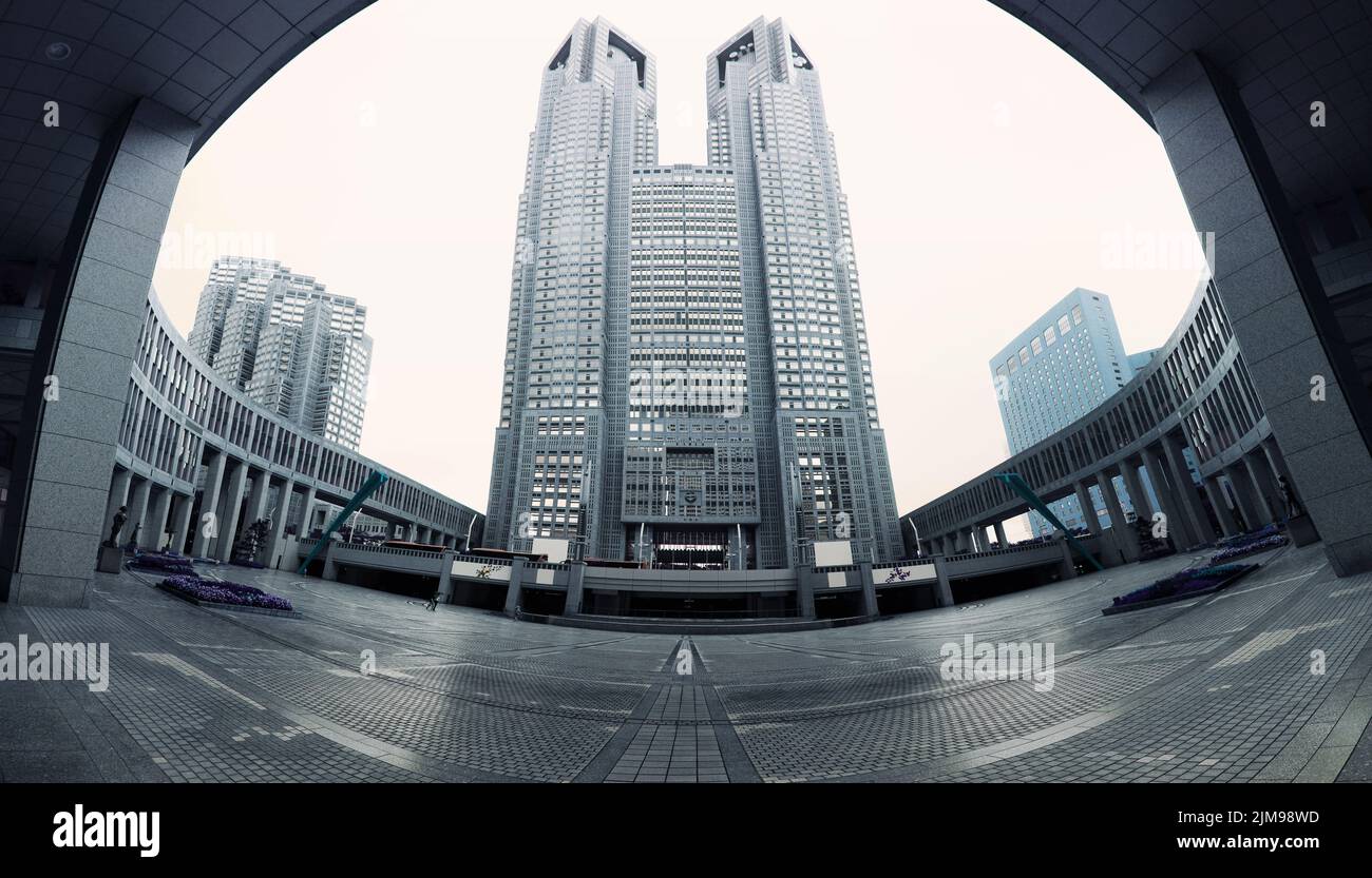 Wide angle panorama of Tokyo cityhall in dark tones Stock Photo - Alamy