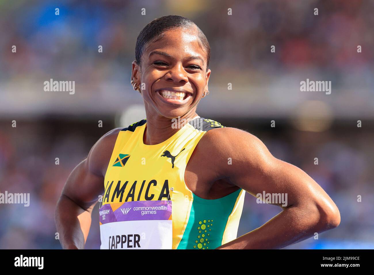 Megan Tapper of Jamaica after winning the heat of the women’s 100m ...