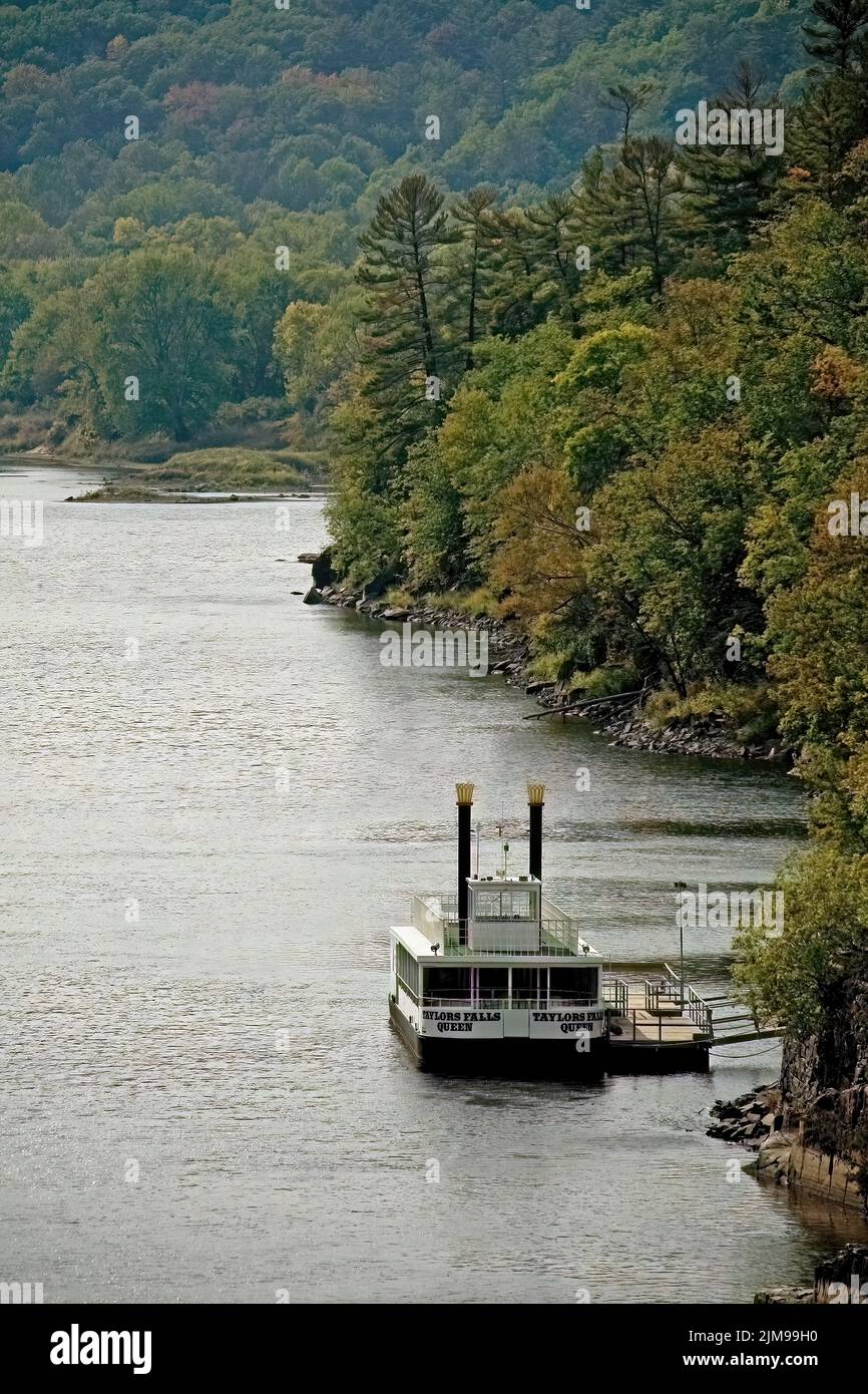 Taylors Falls Queen docked in the Dalles of the St. Croix River in Interstate State Park in the ...