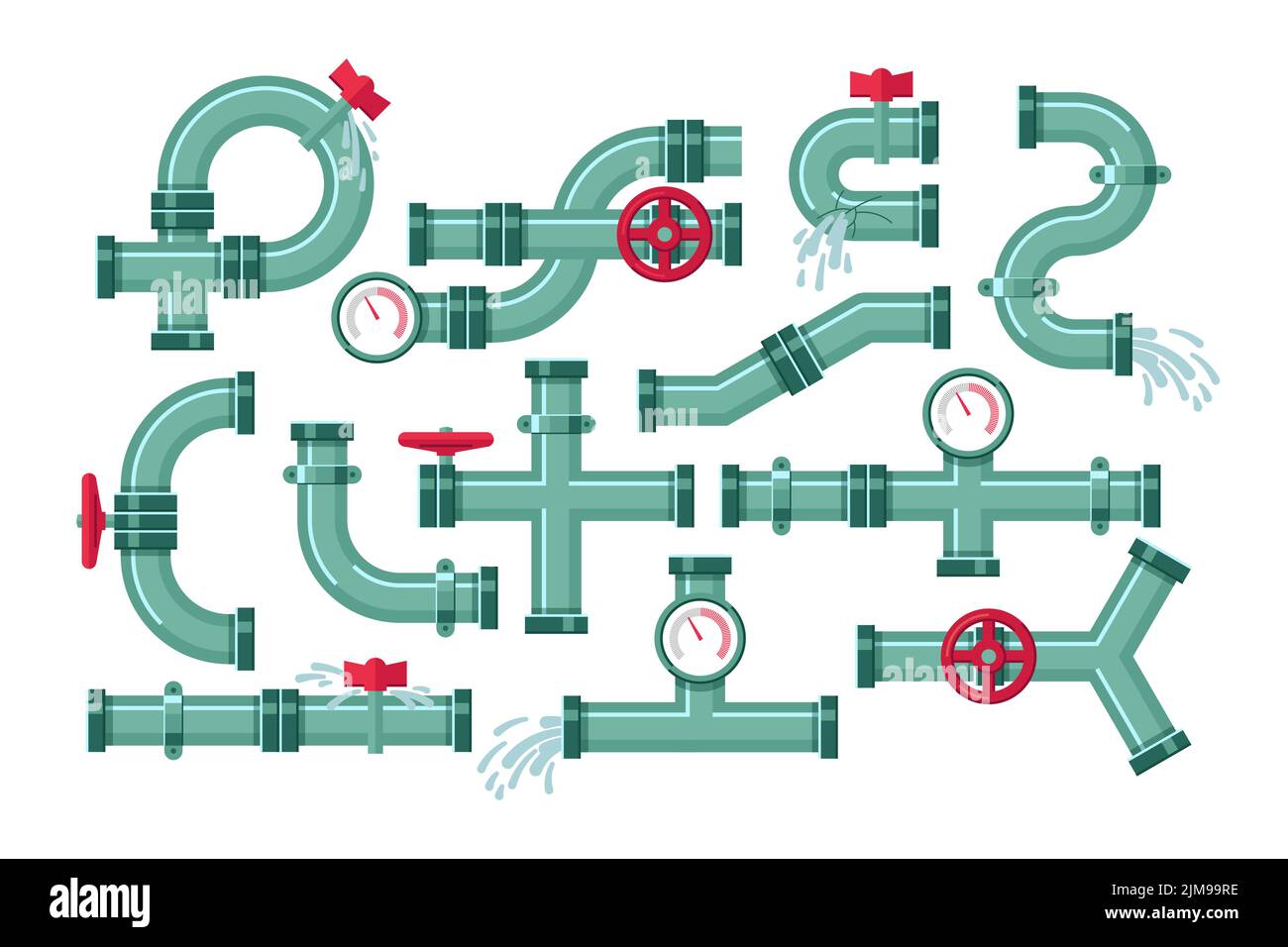 Broken metal pipes with leakage of water set. Vector illustrations of ...