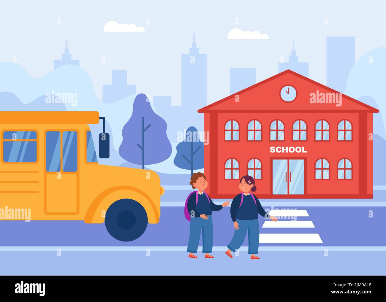 Bus next to cartoon children crossing road to school. Girl and boy ...