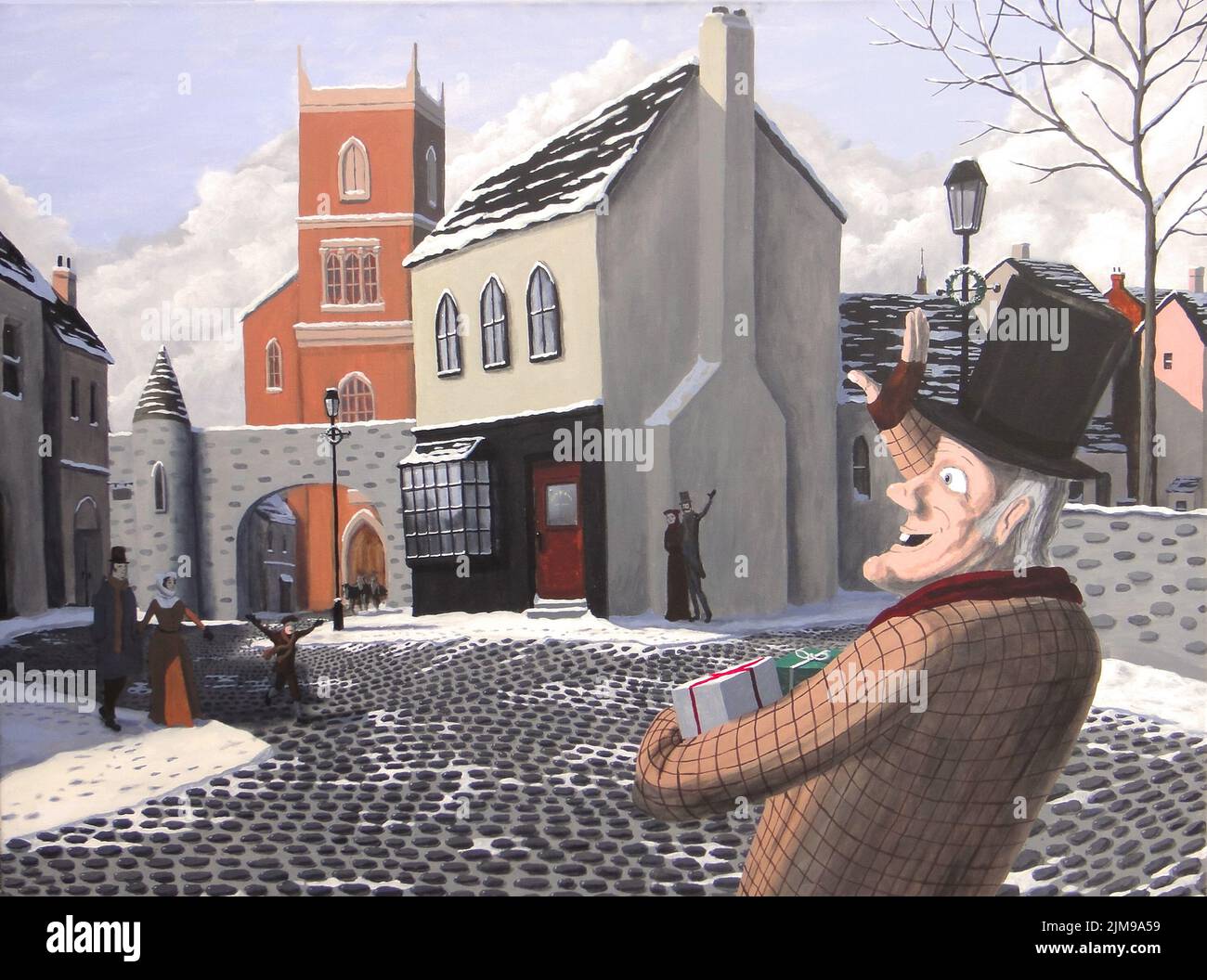 A reformed Scrooge happily greets the townspeople on Christmas morning ...