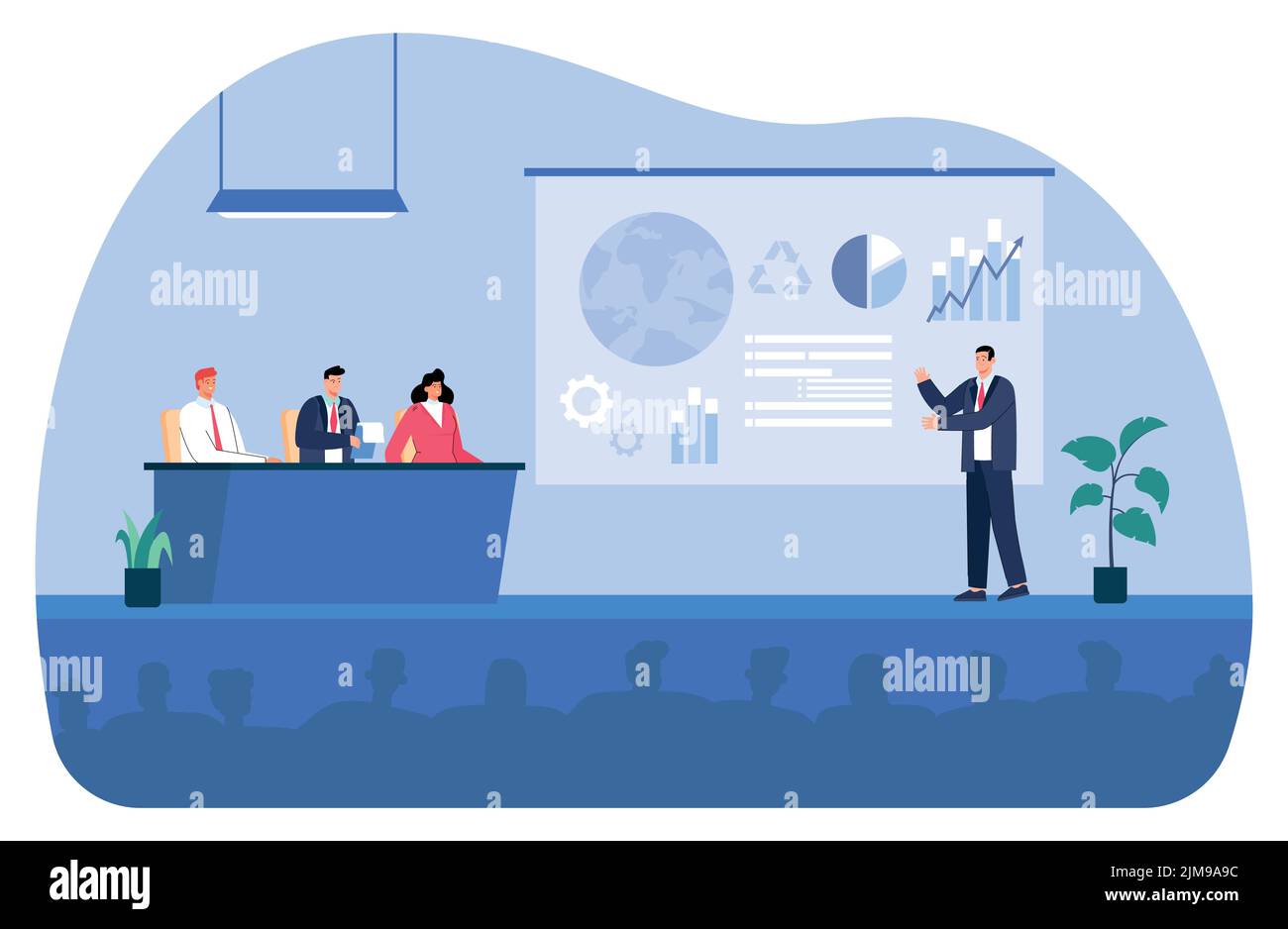 Cartoon man giving presentation at ecological forum. Speaker standing ...