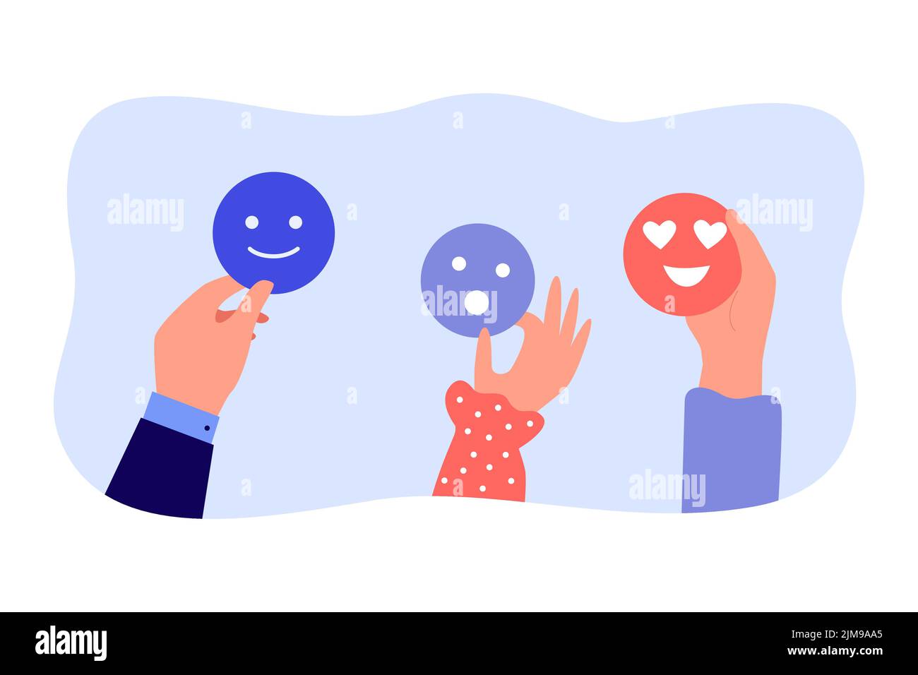 Hands holding cartoon faces with different emotions. People with happy, surprised and in love ...