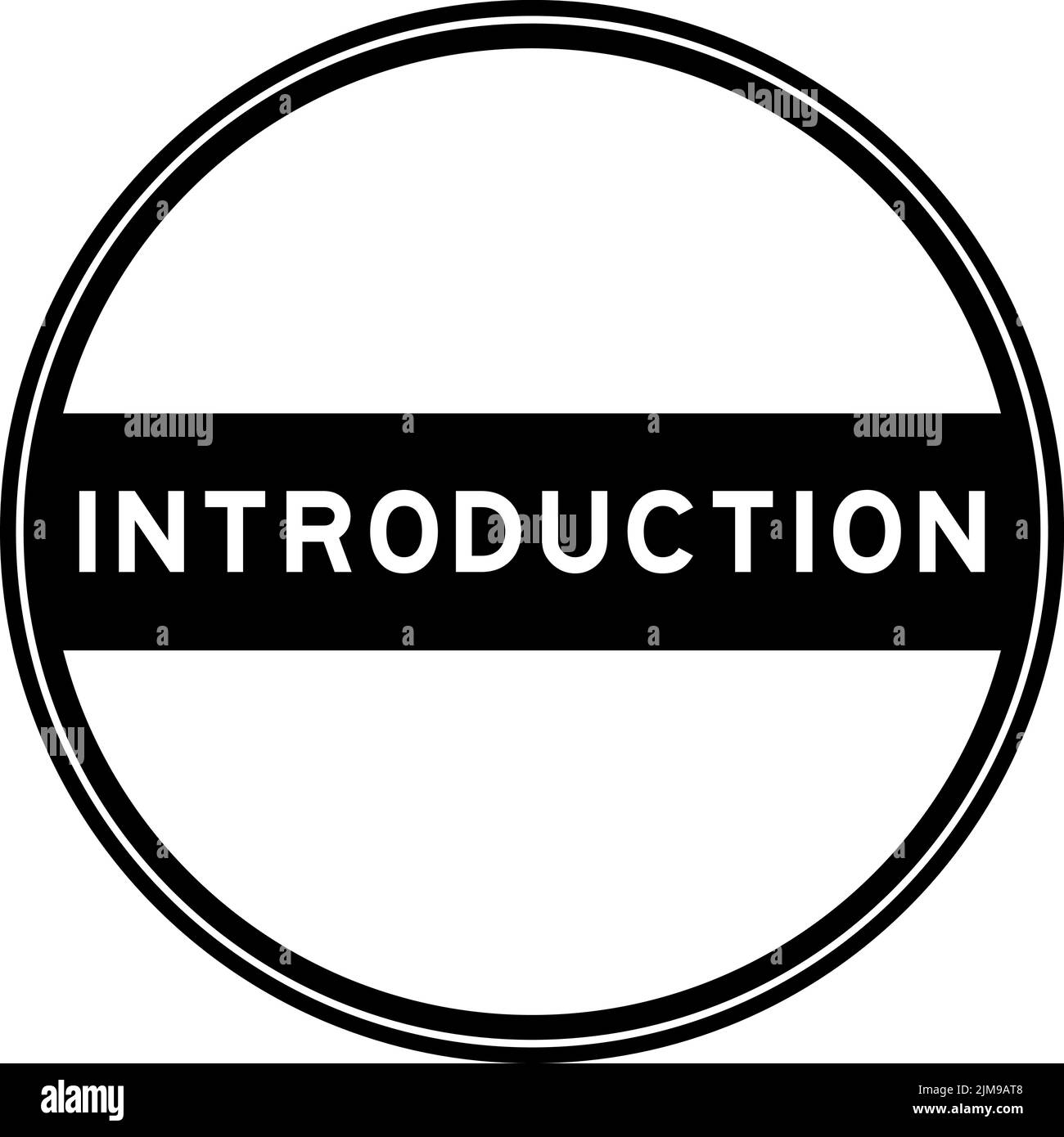 Black color round seal sticker in word introduction on white background ...